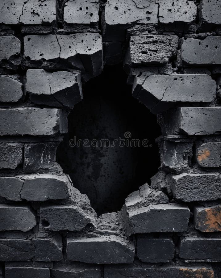Cracked Black Brick Wall with a Deep Hole Exposing Dark Background ...