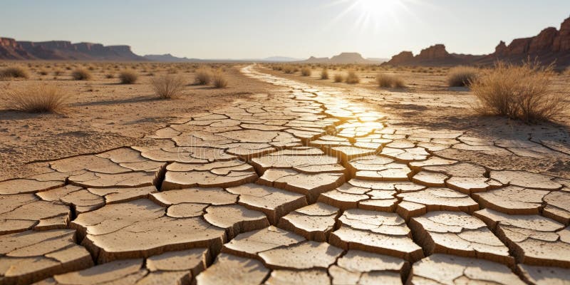 Cracked Earth Path Leading through Dry Landscape with Drought Effect ...