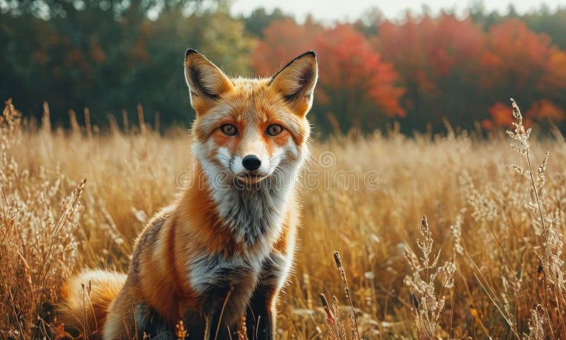 Red Fox Sitting in Field Tall Grass Stock Illustration - Illustration ...