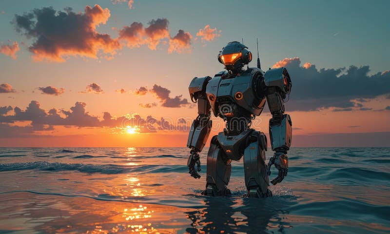 Robot Standing in the Ocean at Sunset Stock Illustration - Illustration ...