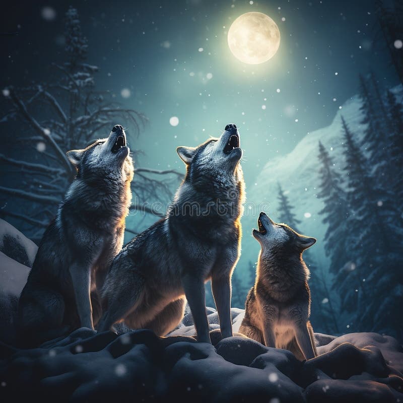 Group of Wolves Howling Under the Shimmering Light of a Full Moon in a ...