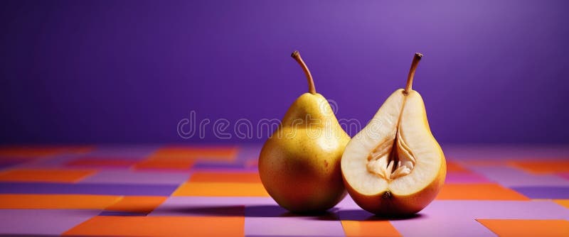 Creative Layout Made of Raw Sliced Pear on Bright Violet and Orange ...