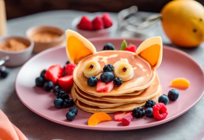 Creative Pancake Stack with Fruit Face on Pink Plate. Stock ...