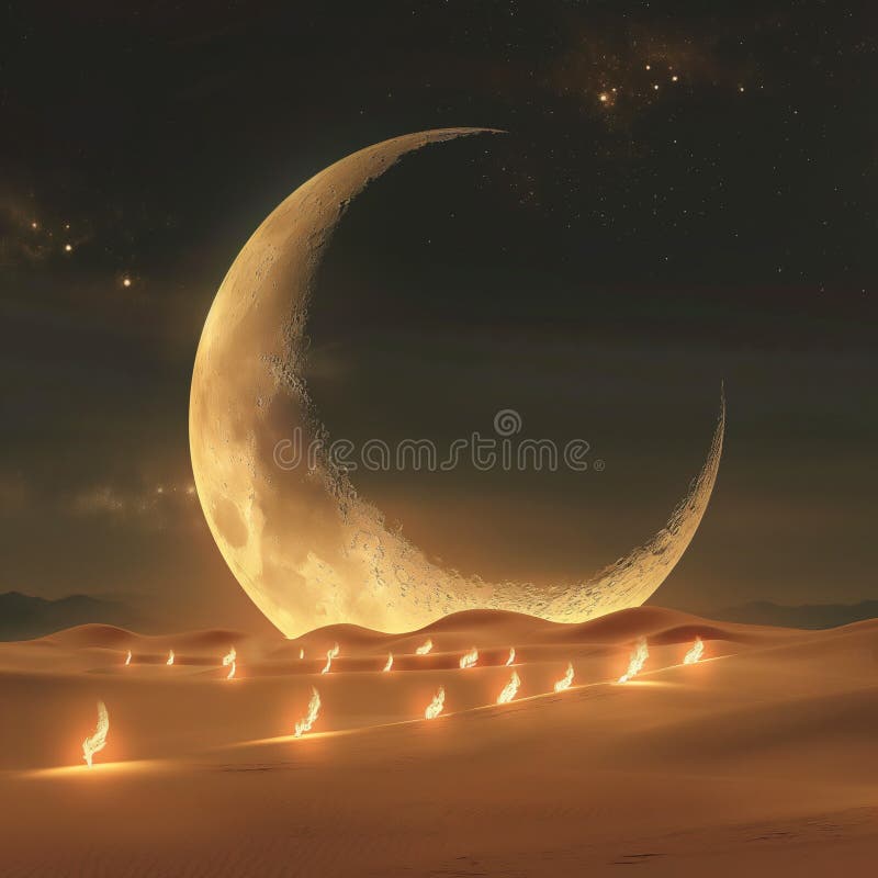 AI Generated Crescent Moon Over Desert Stock Illustration ...