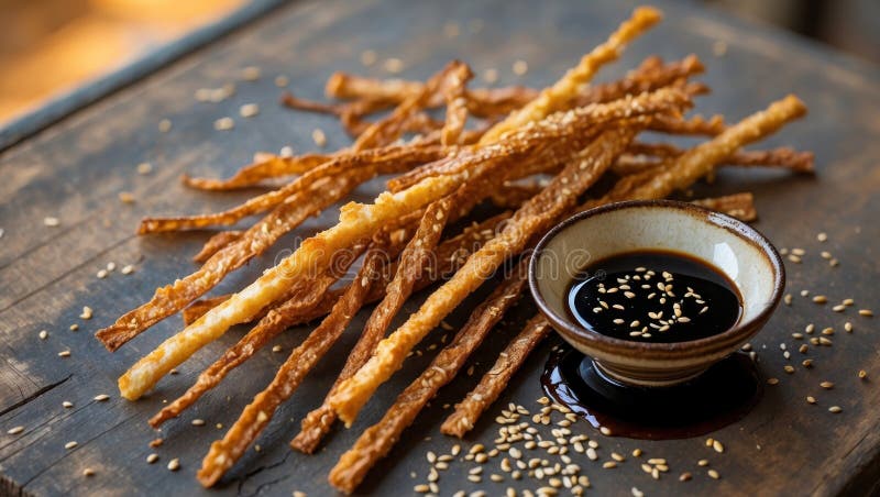 Crispy Amaranth Sticks Served with a Rich Sesame Sauce on a Rustic ...