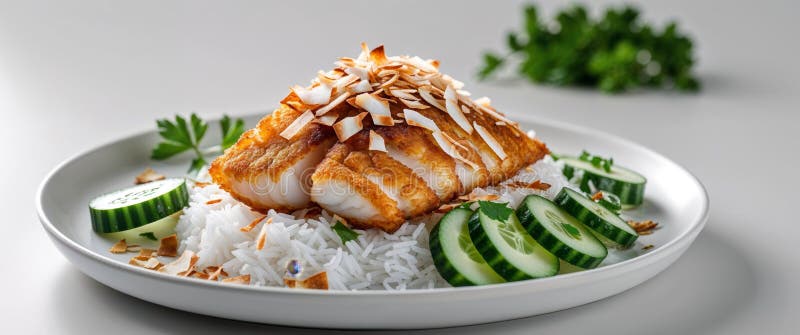 Crispy Fish with Coconut Flakes Served on Rice and Cucumber Salad Stock ...