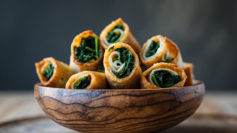 Crispy Spring Rolls Filled with Spinach and Cheese Served in a Wooden ...