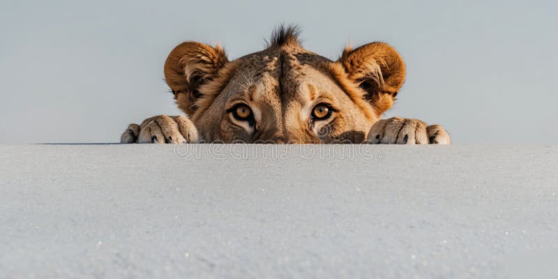 Curious Lion Peeking Over a White Surface. Stock Image - Image of ...