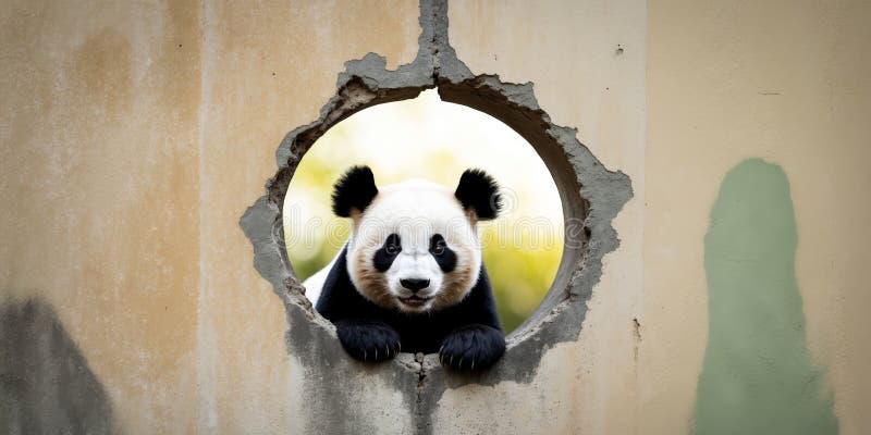 Curious Panda Peeking through a Hole in the Wall. Stock Image - Image ...