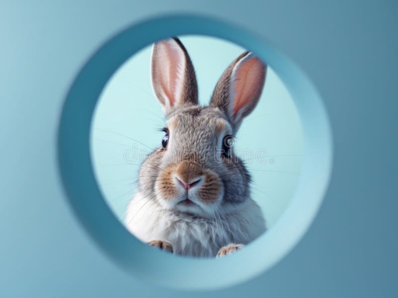 Curious Rabbit Peeking Hole Light Blue Background Stock Photos - Free ...