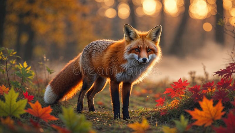 Curious Red Fox Exploring a Leafy Autumn Landscape at Sunset. Stock ...