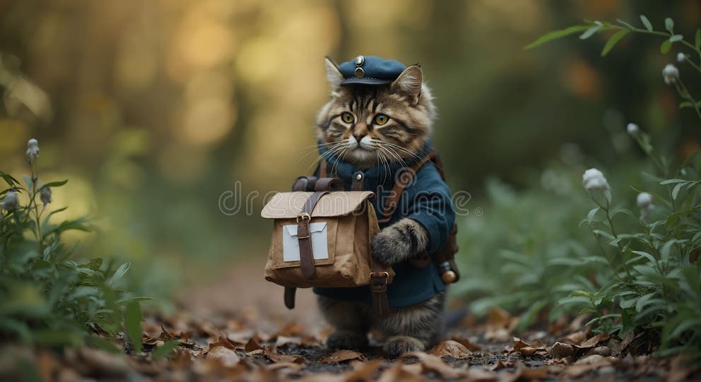 AI-generated Cute Cat Dressed As a Postman with a Backpack in a Forest ...