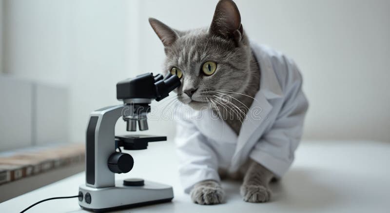 AI-generated Cute Gray Cat in a Lab Coat Looking through a Microscope ...