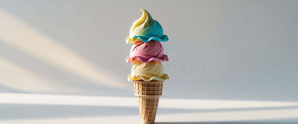 Cute Ice Cream Cone Stack with Three Colorful Scoops and Smile Stock ...