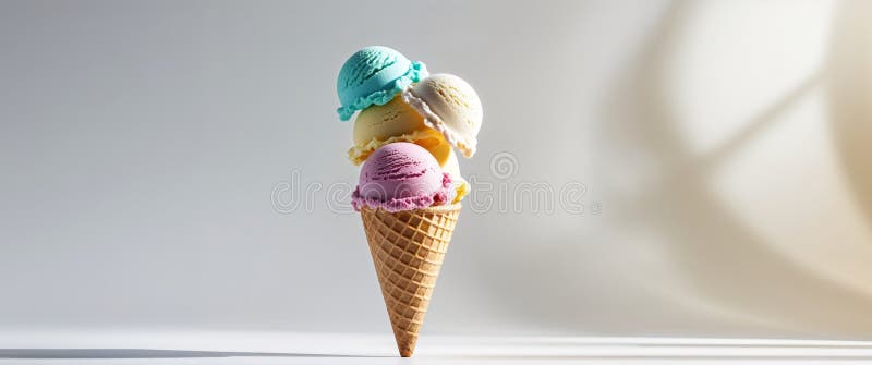 Cute Ice Cream Cone Stack with Three Colorful Scoops and Smile. Stock ...