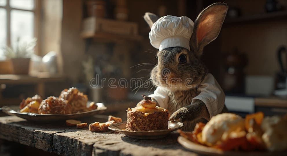 AI-generated Cute Rabbit in a Chef Hat Sitting on a Rustic Kitchen ...