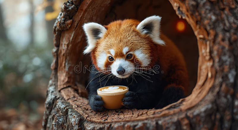 AI-generated Cute Red Panda Holding a Coffee Cup Inside a Tree Hollow ...
