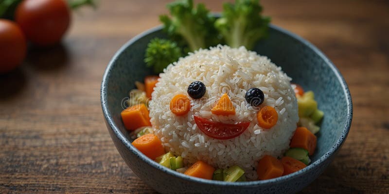 Cute Rice Dish with Face and Vegetable Garnish. Stock Illustration ...