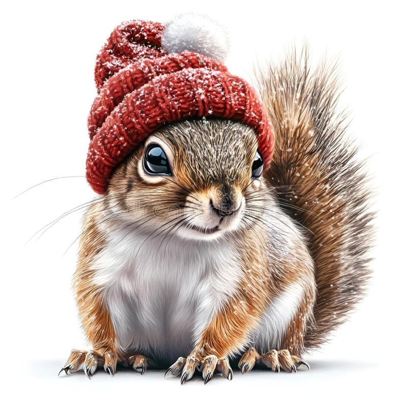 Adorable Squirrel in a Red Hat with Snowflakes. Stock Illustration ...