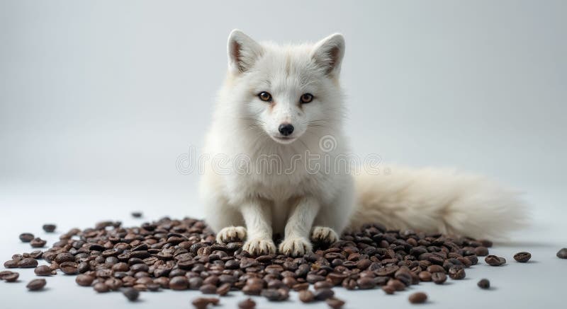 AI-generated Cute White Fox Sitting on a Pile of Coffee Beans with a ...