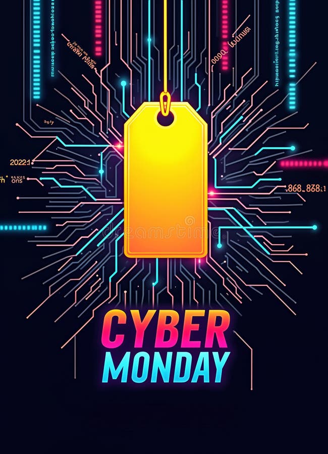 Cyber Monday Poster on a Black Background with Glowing Hang Tag and ...