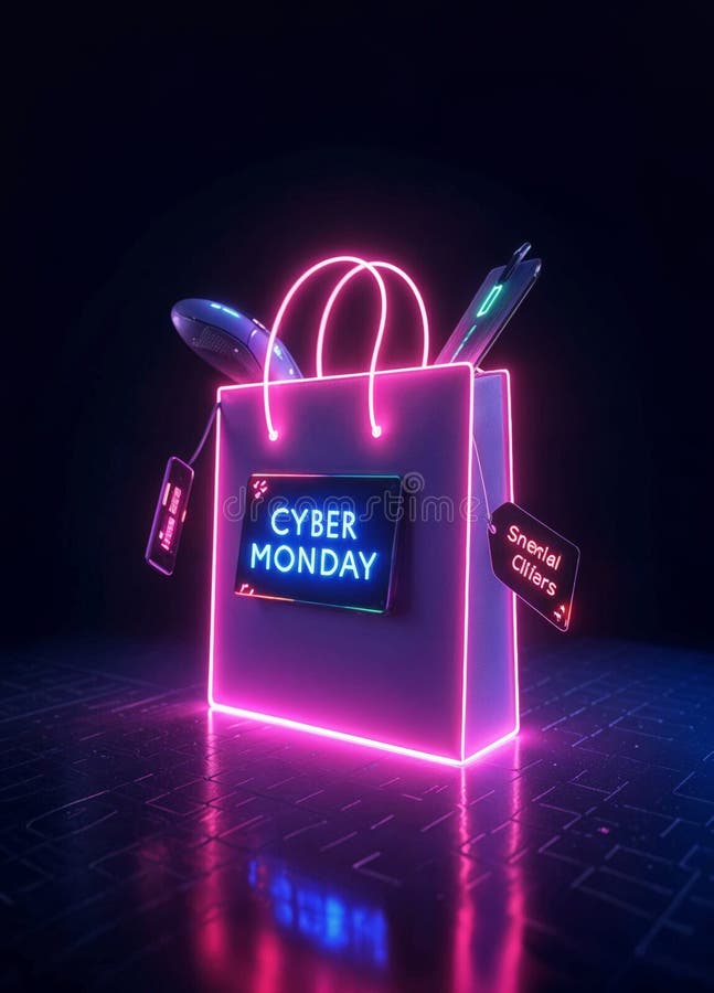 Cyber Monday Shopping Bag with Neon Signs and Electronic Items Inside ...