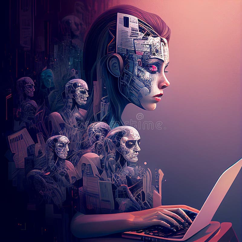 AI Generated Cyberpunk Concept, Robot Sitting in Front of a Laptop ...