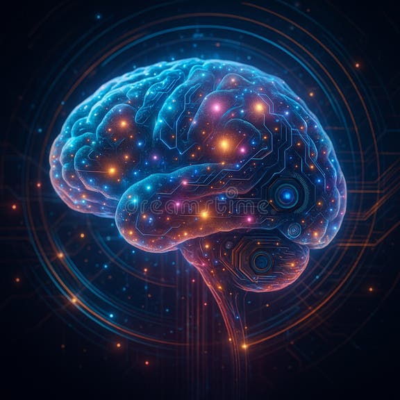 AI Generated 3D Glowing Brain Fused with Circuits Symbolizing Advanced ...