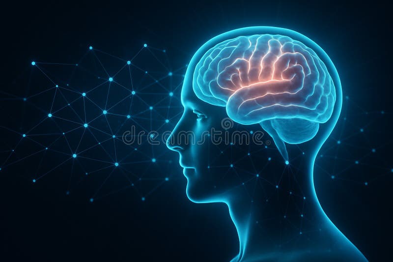 AI Generated 3D Glowing Brain Inside Translucent Human Head with ...
