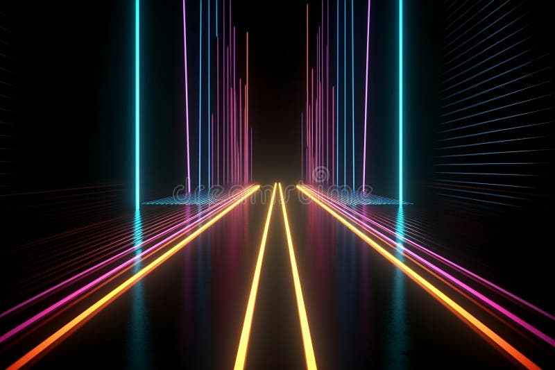 Abstract 3D Render of Glowing Neon Vertical Lines in Dark Room Stock ...