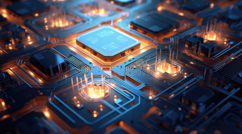 3d Rendering of Cpu in Circuit Board. Computer Technology Concept Stock Illustration ...