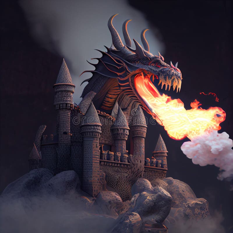 Dragon Breathing Fire on an Intricately Detailed Castle, Created with ...