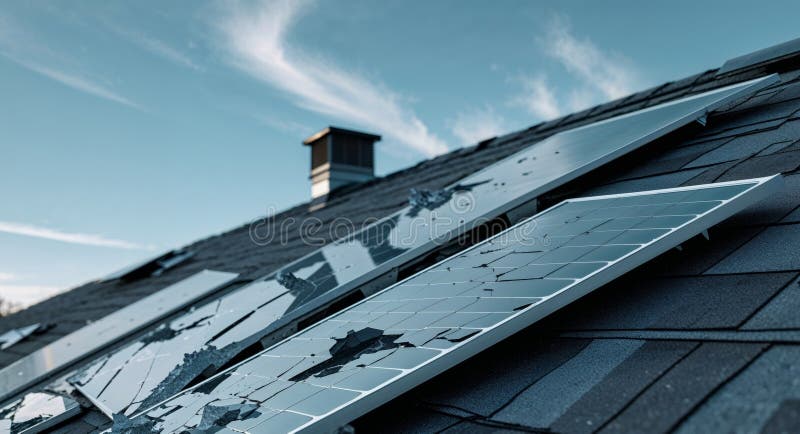 Damaged Solar Panel Array on Residential Roof. Stock Image - Image of ...
