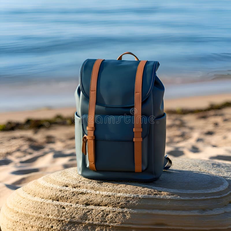 AI-Generated Dark-Gray Backpack with Tan Straps on a Sandy Rock by the ...