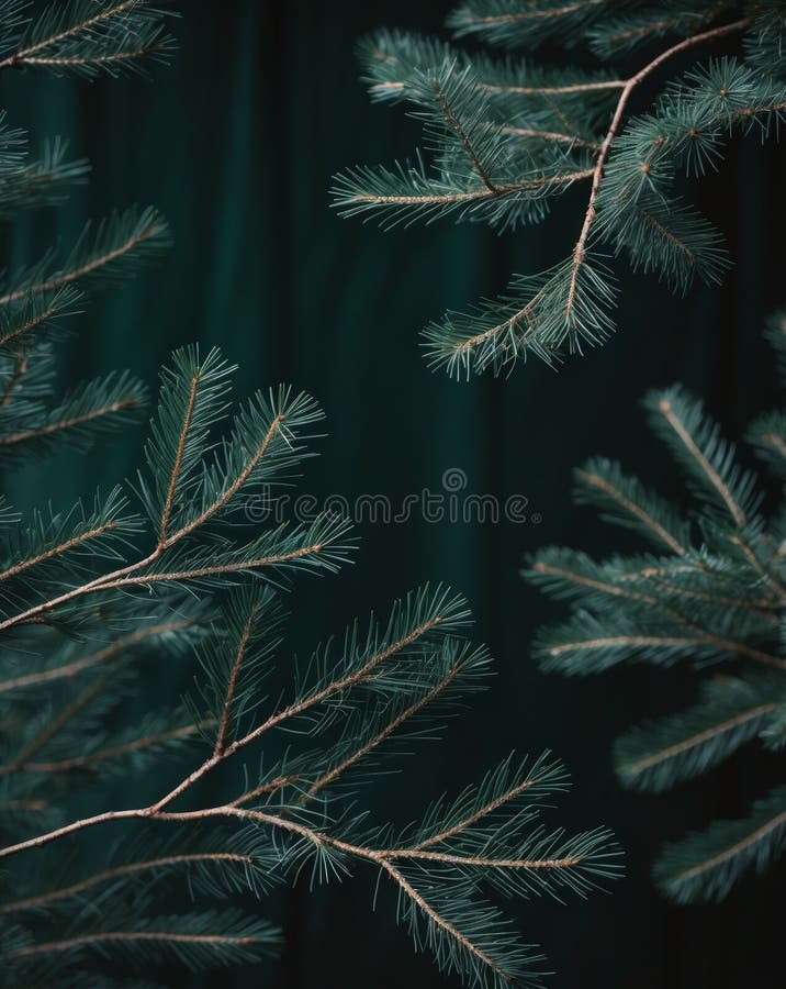 Dark Green Pine Tree Branches on a Black Background Stock Image - Image ...