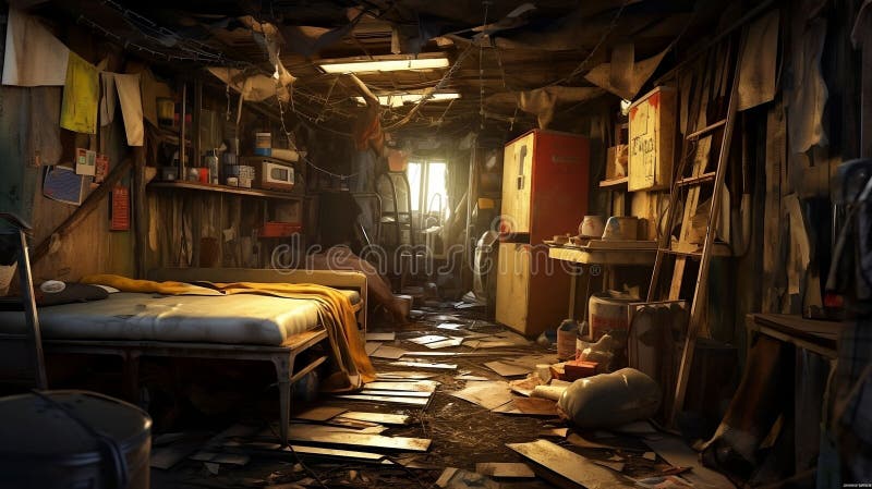 AI Generated of Dark Messy Room with Bed Stock Illustration ...