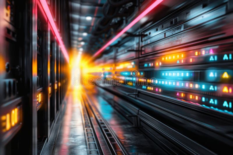 AI Data Flow and Processing in High Speed Server Room with Vibrant Neon ... AI Data Flow and Processing in High Speed Server Room with Vibrant Neon ...
