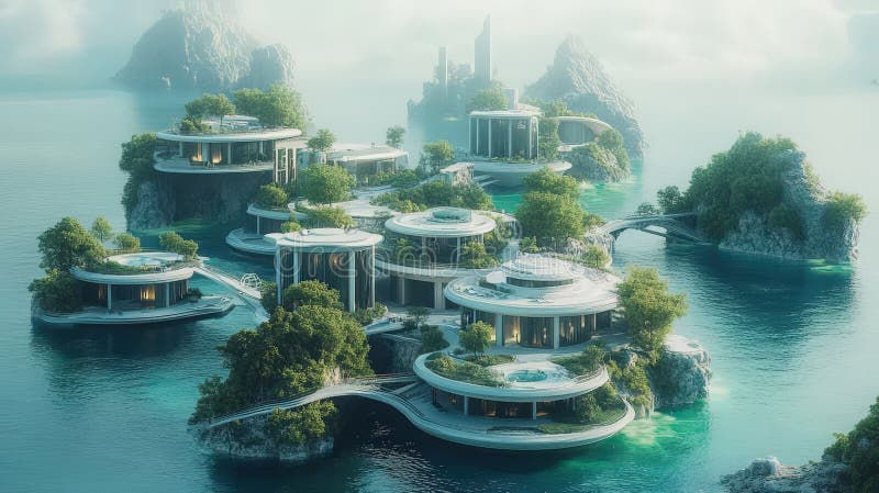 Futuristic Island Retreat with Advanced Architecture and Pools Stock ...