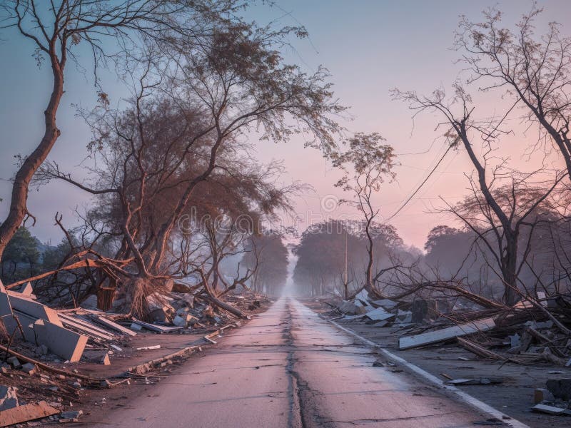 Desolate Road with Earthquake Damage and Twilight Glow Surrounded by ...