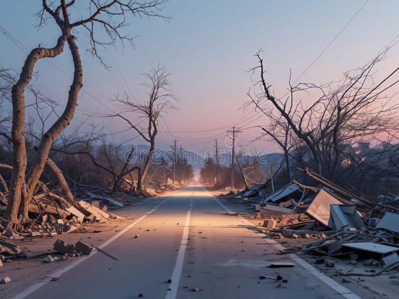 Desolate Road with Earthquake Damage and Twilight Glow Surrounded by ...