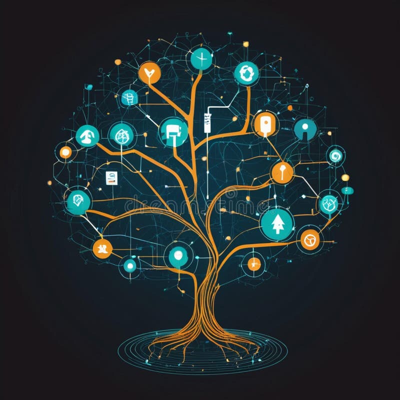 AI-Generated "the Digital Arbor" – a Luminous Circuit Tree with Community Icons As Leaves Stock ...