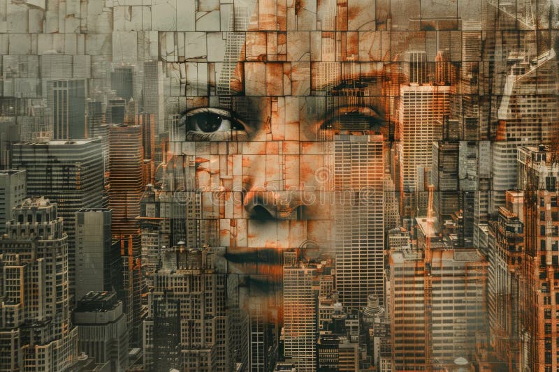 Digital Art of a Human Face Merging with Urban Elements, Representing ...