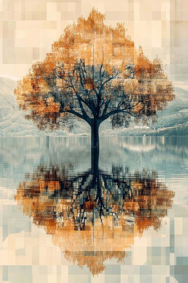A Tree Reflected in a Lake, with a Digital Effect Stock Illustration ...