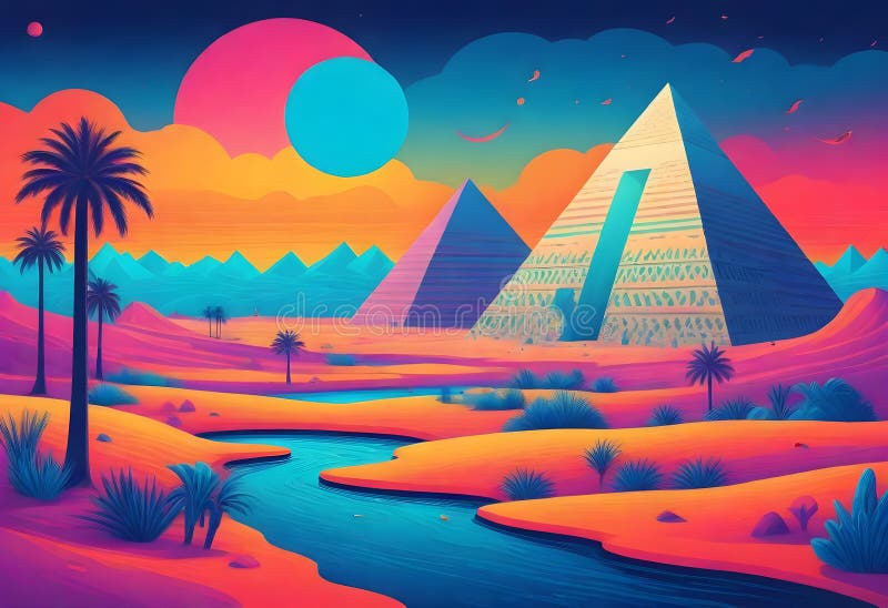 A Digital Art of Pyramids with Palm Trees in the Background Stock ...
