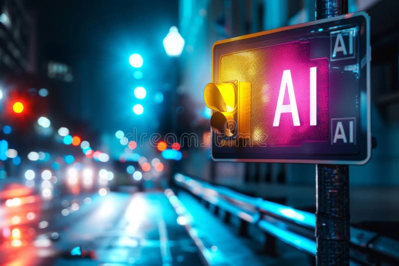AI Digital Display on a Futuristic Road Sign in an Urban Night Setting ...