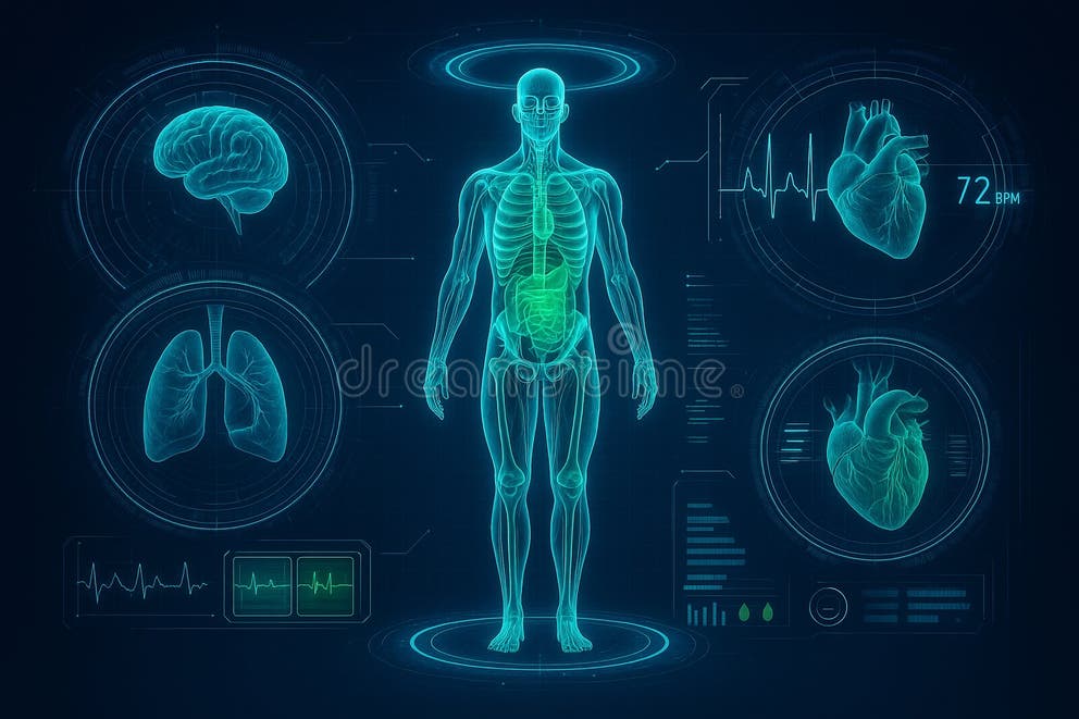 AI Generated Digital Human Scan Showing Internal Systems with Glowing ...