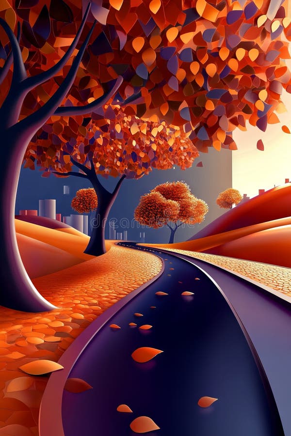 Autumn Leaves Fall on a Winding Path. Stock Illustration - Illustration ...