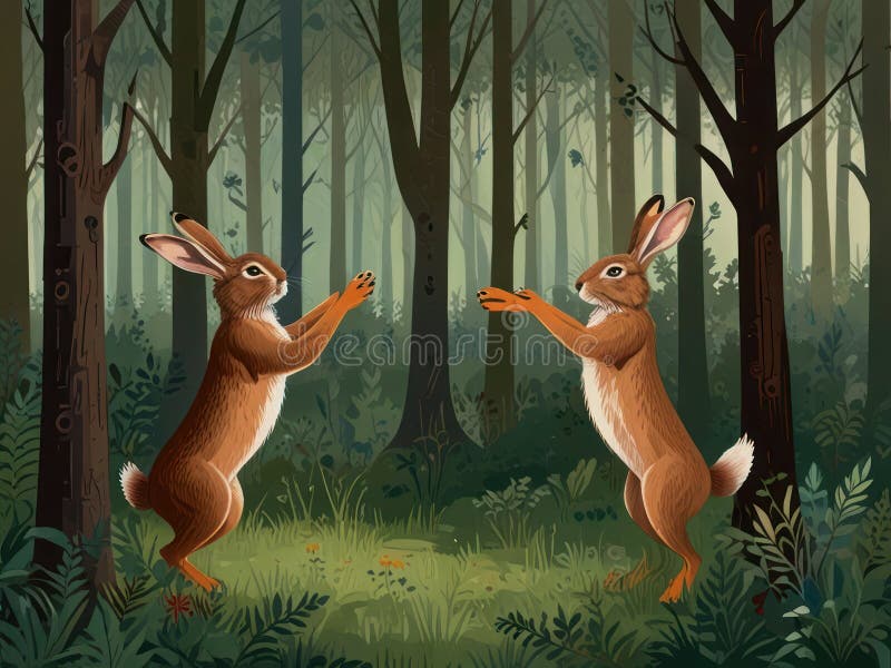 Playful Rabbits in a Mystical Forest Clearing, Digital Art Illustration ...