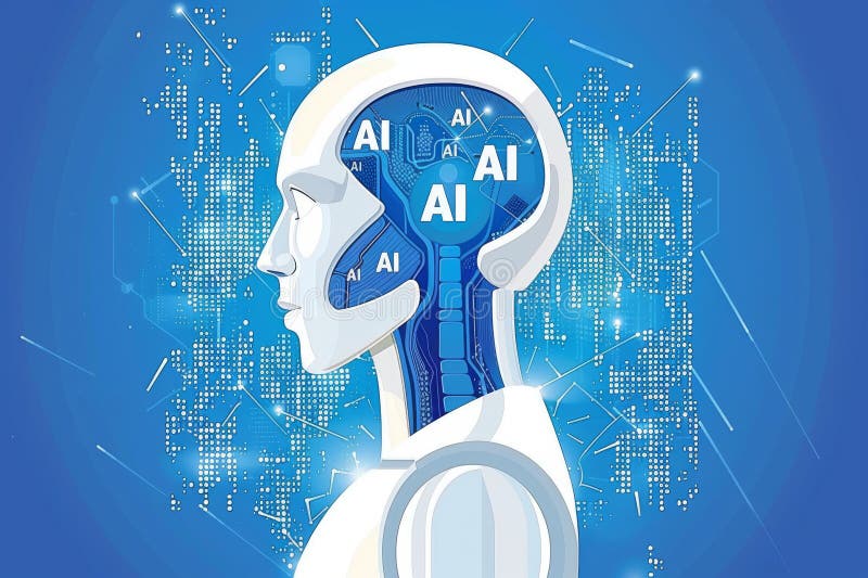 Digital Illustration of AI Robot Head with Glowing Neural Network ...