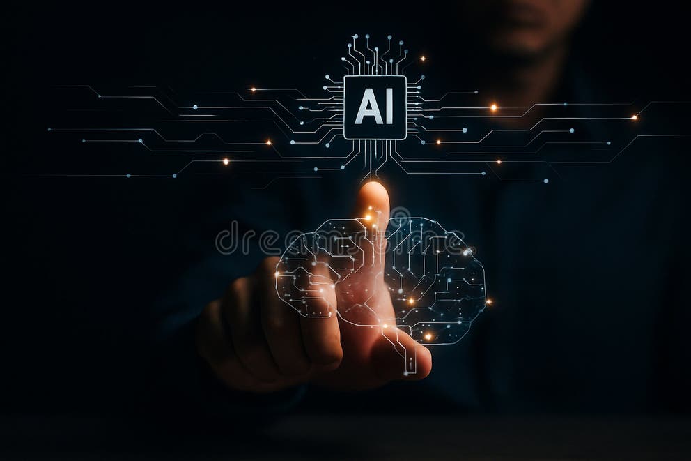 AI Generated Digital Image of a Human Hand Interacting with a Glowing ...